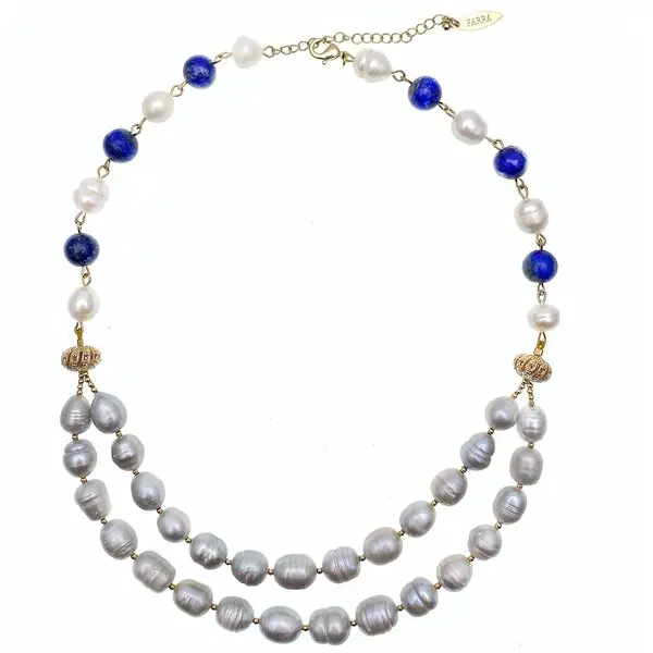 FARRA Blue / Grey Gray Freshwater Pearls With Round Lapis Double Strands Necklace - Blue/grey