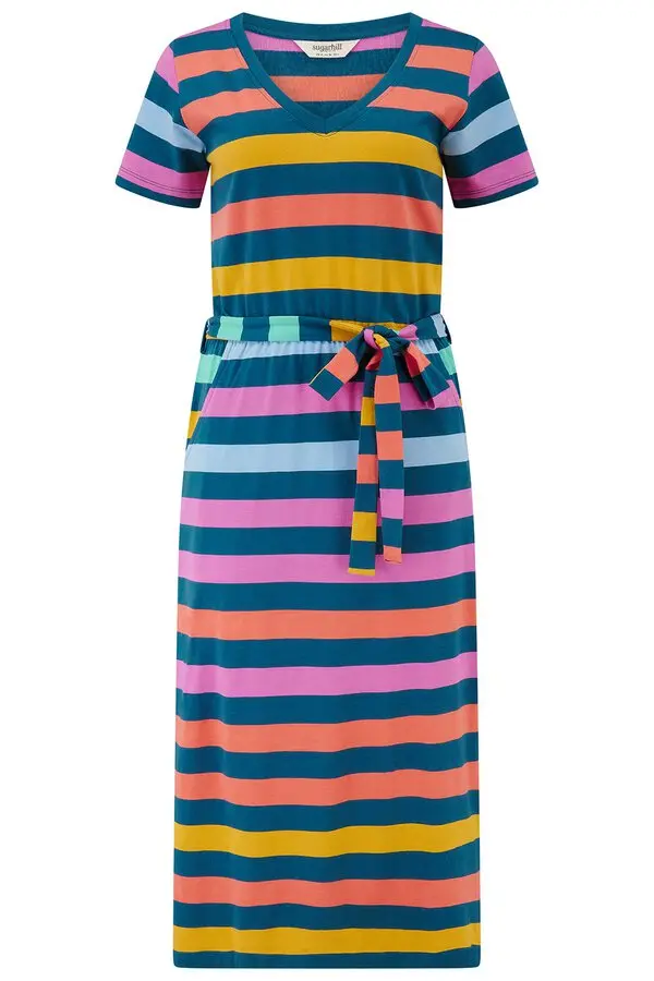 SUGARHILL BRIGHTON Mara V-neck Jersey Midi Dress Multi, Staggered Pop Rainbow - Green