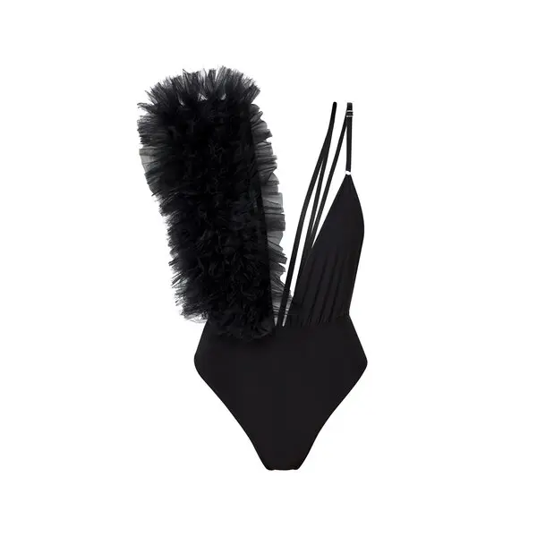 LIA ARAM Contemporary Ruffled Tulle Bodysuit - Black