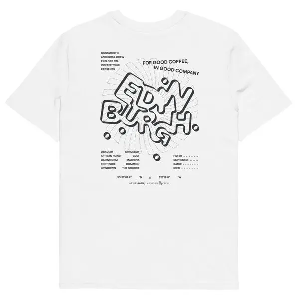 ANCHOR & CREW Gustatory Edinburgh Coffee Scene Organic Cotton Embroidered T-shirt - White