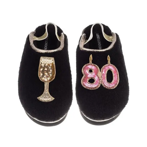 LAINES LONDON Black / Gold Flatform Cloud Closed Toe Slippers With 80th Birthday & Champagne Glass Brooches Black - Black/gold