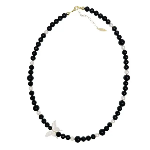FARRA Black / White Black Obsidian With White Butterfly Charm Statet Necklace - Black/white
