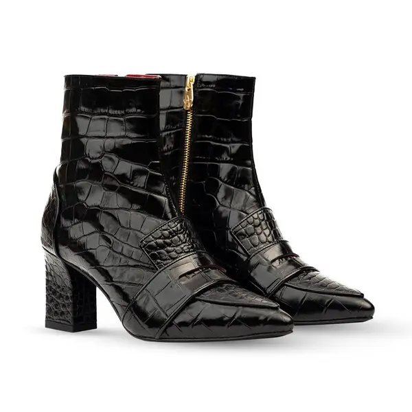 ROSAMUND MUIR LONDON Luciana Shiny Crocodile Print Loafer Boots - Black