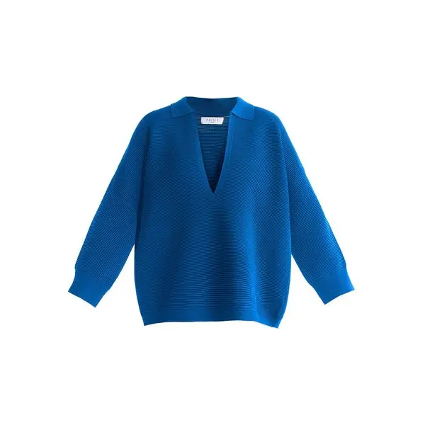 PAISIE Low Cut Polo Collar Ribbed Jumper In Denim - Blue