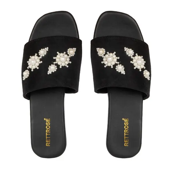 RETTROSE Annie Luxury Plush Diamanté Embellished Handmade Sliders - Black
