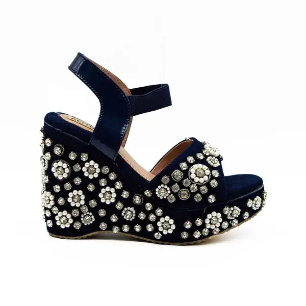 RETTROSE Maria Navy Hand Embellished Wedge Shoes