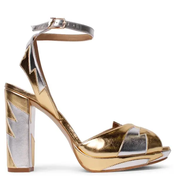TERRY DE HAVILLAND Zia Mid Vegan Gold Platform Block Heels - Silver
