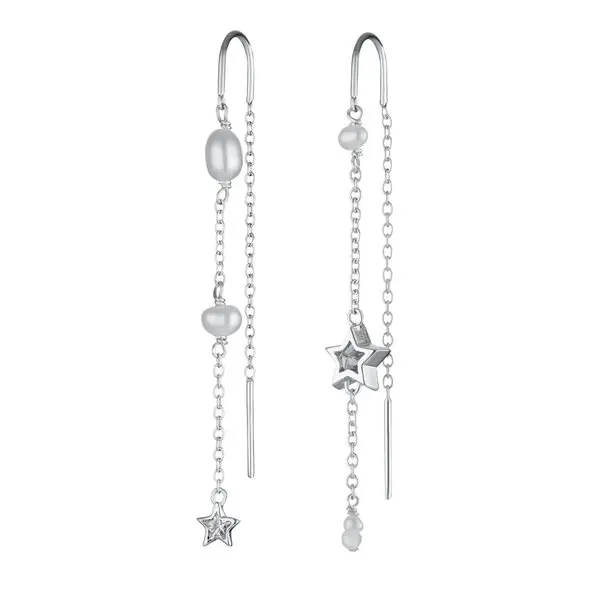 SCREAM PRETTY Silver / White Silver Pearl And Star Mismatched Threader Earrings - Silver/white