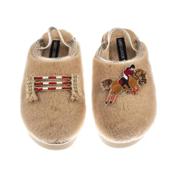 LAINES LONDON Brown / Gold / Neutrals Flatform Cloud Closed Toe Slippers With Show Jump Horse Brooches Toffee - Brown/gold