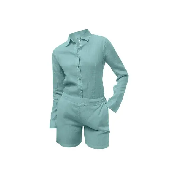 Haris Cotton Linen Long Sleeved Shirt With Darts Crystal - Blue