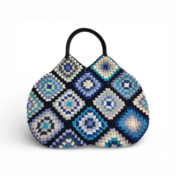 SPRINGMOONATELIER Azure Mosaic Atelier Tote – Handcrafted Luxury Granny Square Bag