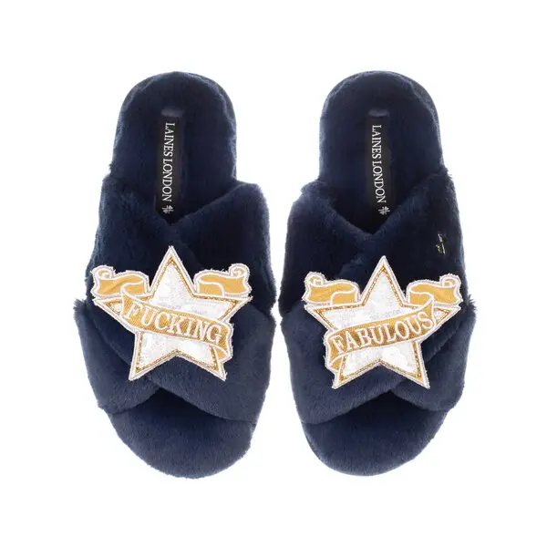 LAINES LONDON Classic Laines Slippers With Fucking Fabulous Brooches Navy - Blue