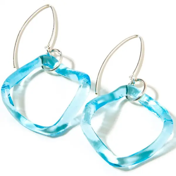 SMART GLASS JEWELRY Recycled Gin Bottle Ruffle Boomerang Earrings Sterling - Blue