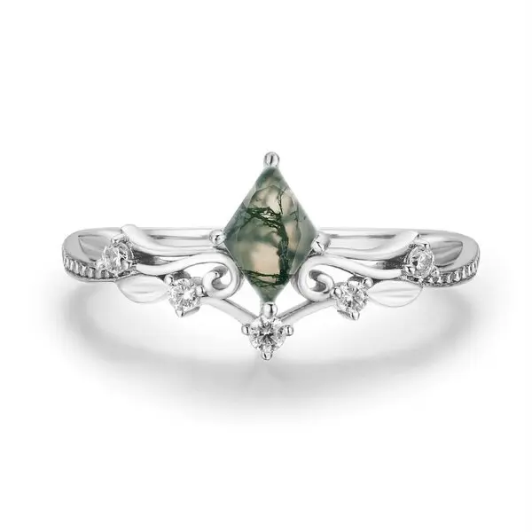 AZURA JEWELRY NEW YORK Victorian Lace Moss Agate Ring White Gold Vermeil - Silver