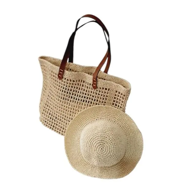 SPRINGMOONATELIER Neutrals Summer Breeze Raffia Tote And Sun Hat Set - Black