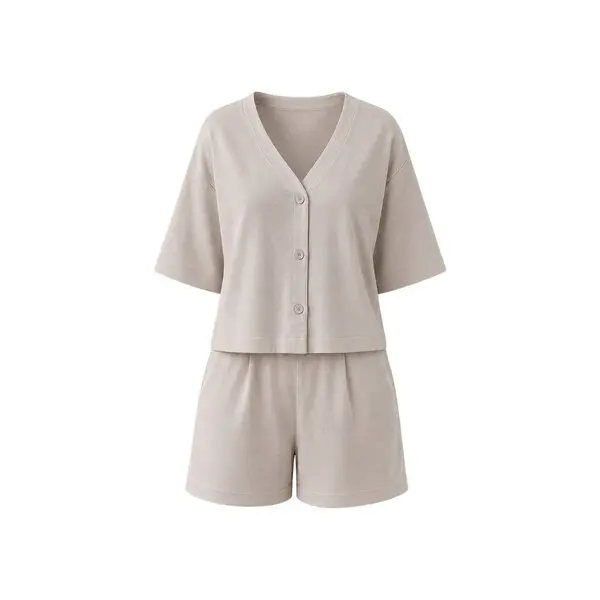 OH!ZUZA NIGHT&DAY Neutrals Meryl Linen Viscose Short Set Contrast Piping - Beige
