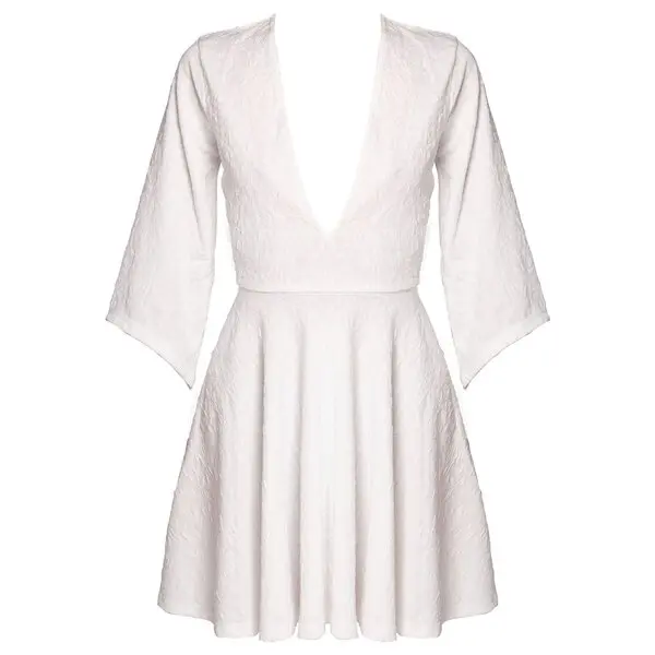 ETTIE Plunge Neck Textured Skater Dress - White