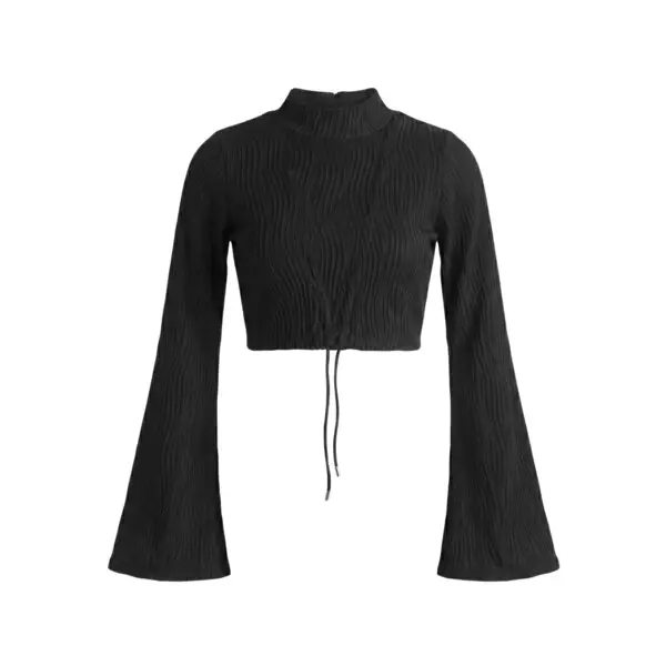 VIRAGO Stria Crop Top With Flared Sleeves And Adjustable Strings - Black