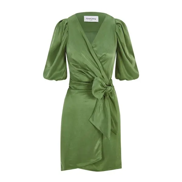 FEMPONIQ Draped Vegan-cupro Wrap Dress Avocado - Green