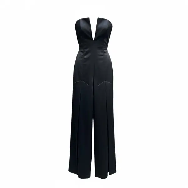 IMAATU Scarface Jumpsuit Sculpting Satin Corset Extreme V-neckline Wide Leg Trousers Tie - Black