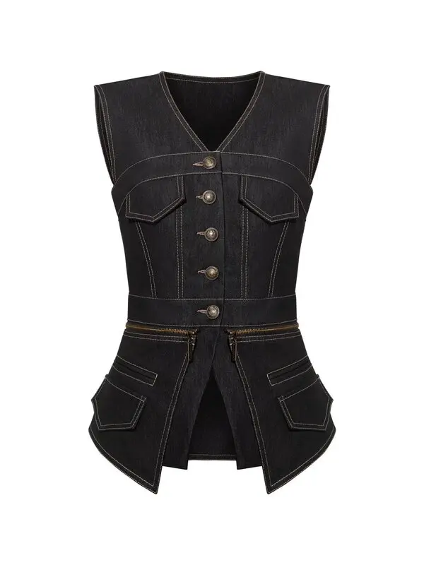 TIA DORRAINE Sleeveless Denim Top Vest - Black