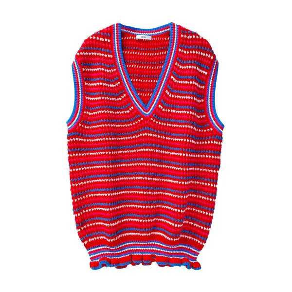 ARTO. Yeah! Cozy Wool Blend Ruffles Stripes Oversized Vest Christmas - Red