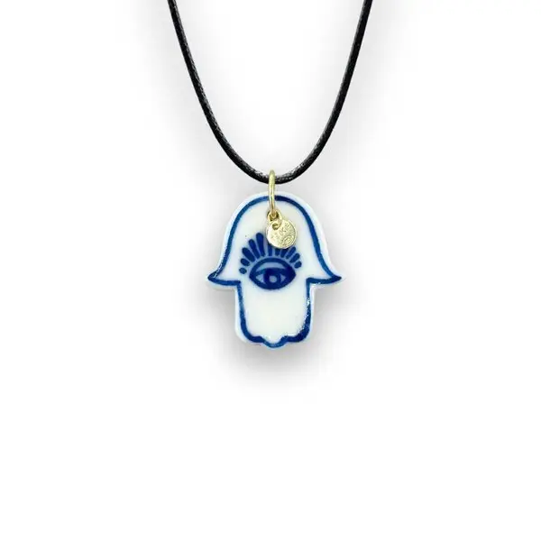 Tiké Jewels Large Blue Hamsa Hand Yoga Porcelain Choker Necklace – Plated - Gold