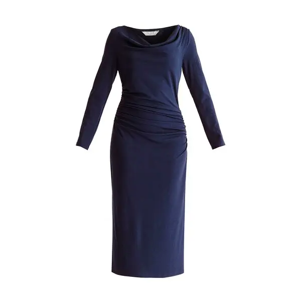 PAISIE Ruched Jersey Dress With Draped Neck In Navy - Blue
