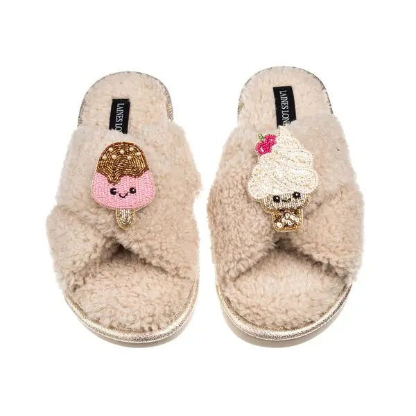LAINES LONDON Neutrals Laines Boucle Slippers With Laines Lovables Ice Lolly & Ice Cream Brooches Oatmeal - Brown