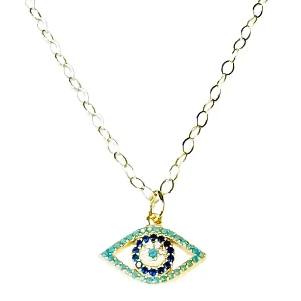 LEXI JEWELRY Gold Evil Eye Necklace With Cubic Zirconia & Aquamarine Colored Accents - Blue