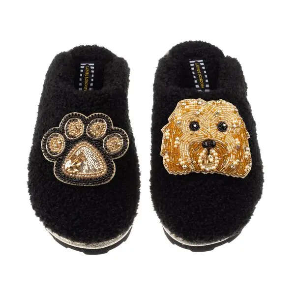 LAINES LONDON Teddy Towelling Closed Toe Slippers With Enki Doo The Cockapoo & Paw Brooch - Black