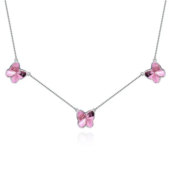 FAR EAST JEWELRY Pink / Silver Handcrafted Silver & Pink Crystal Butterfly Necklace - Pink/silver
