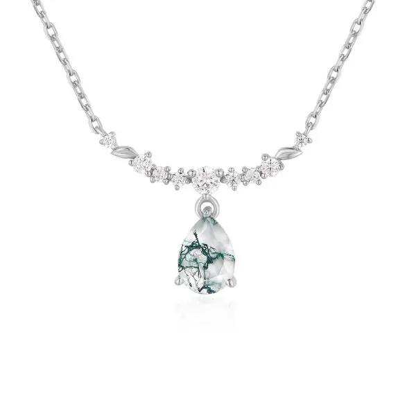 AZURA JEWELRY NEW YORK Breezy Whisper Moss Agate Necklace White Gold Vermeil - Silver
