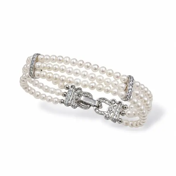 NINEMOO Interlace Triple Pearl Bracelet With Zircon Clasp - Silver