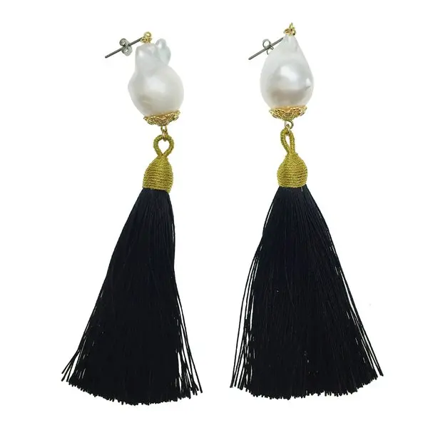 FARRA Baroque Pearl With Tassel Earrings - Black
