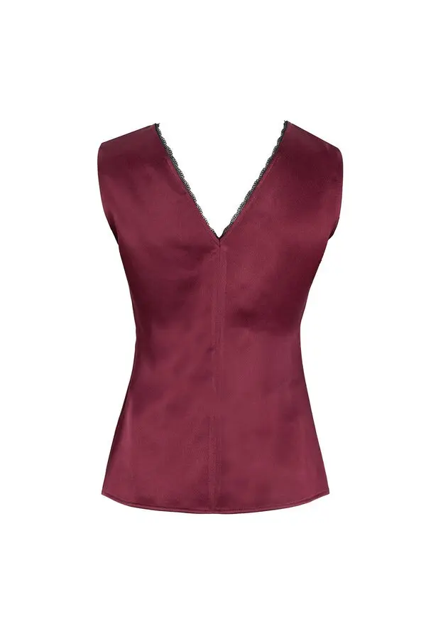 EXQUISE V Neck Slim Fit Satin Look Cherry Blouse Cherry Blouse - Red
