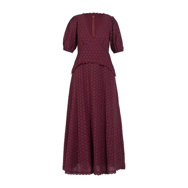 ROSE & NANCY Holly Burgundy Embroide Lace Cotton Midi Dress - Red