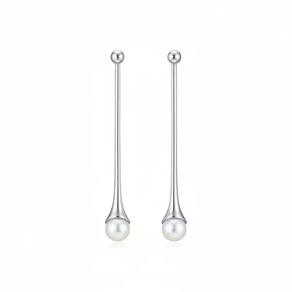 ANGEL BAROCCO Minimalist Pearl Drop Bar Earrings - Silver