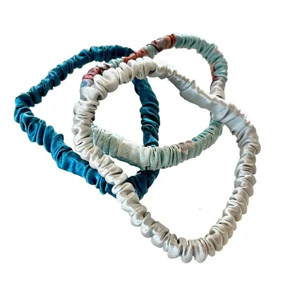 SOFT STROKES SILK Set Of Three Pure Mulberry Silk Skinny Scrunchies Weekly Special Hair Ties Coastal Garden Paradise - Grey