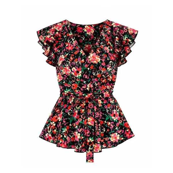 GIRL IN MIND Juniper Floral Frill Detail Wrap Peplum Top - Black
