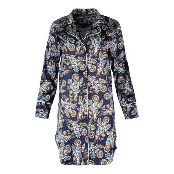 OH!ZUZA NIGHT&DAY Neutrals Silk Shirt Nightdress Navy Print - Blue