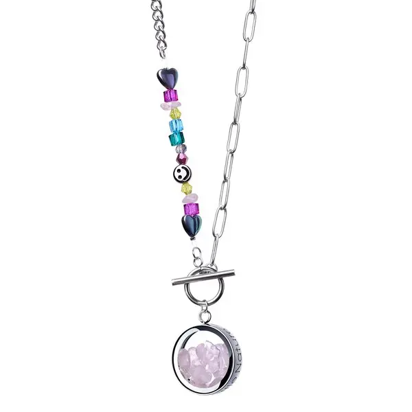 MY LITTLE NATURE Rose Quartz Birthstone Necklace With Joyful Beaded Toggle Clasp Chain Crystals Gemstone Jewelry- Charm Necklace - Pink