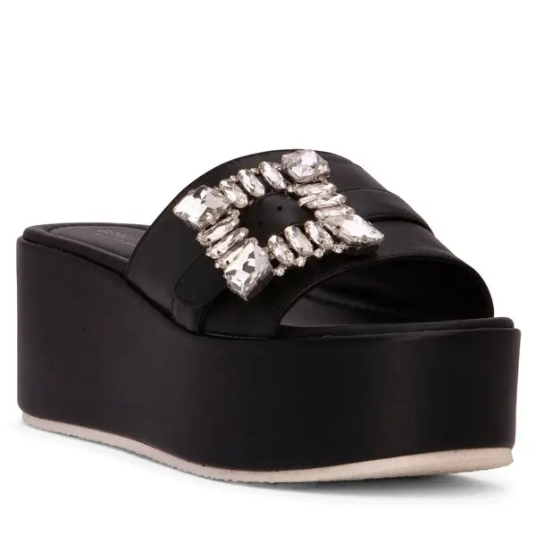 BEAUTIISOLES BY ROBYN SHREIBER Dita Leather Comfortable Wedge Sandal Espadrille Slide With Jewelry For Elegant Work & Evening - Black