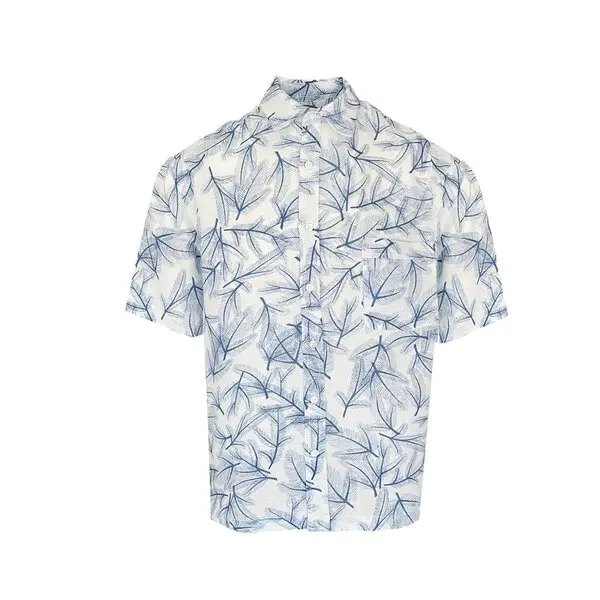 Haris Cotton Blue / White Printed Short Sleeved Front Pocket Linen Shirt Blue Fern - Blue/white