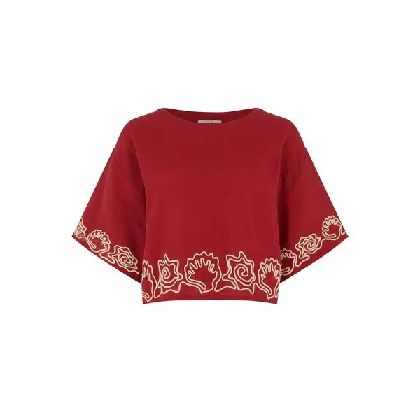 RAFFYA Milly Embroide Split Open Back Blouse In Berry - Red