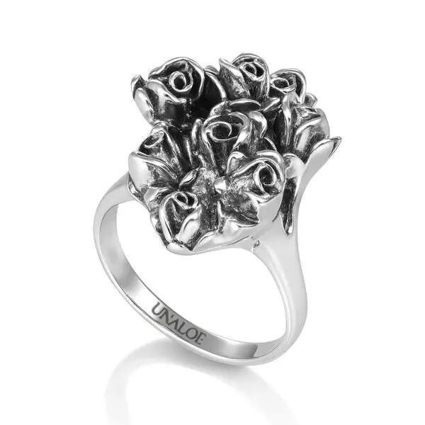 UNALOE Sterling Rose Cluster Ring – Sculptural Floral Statet Jewelry - Silver