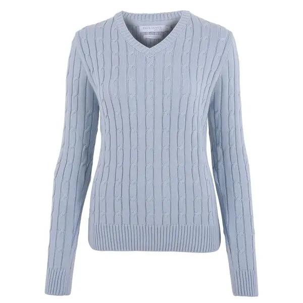 PAUL JAMES KNITWEAR Cotton Talulah Cable V Neck Jumper Pale - Blue
