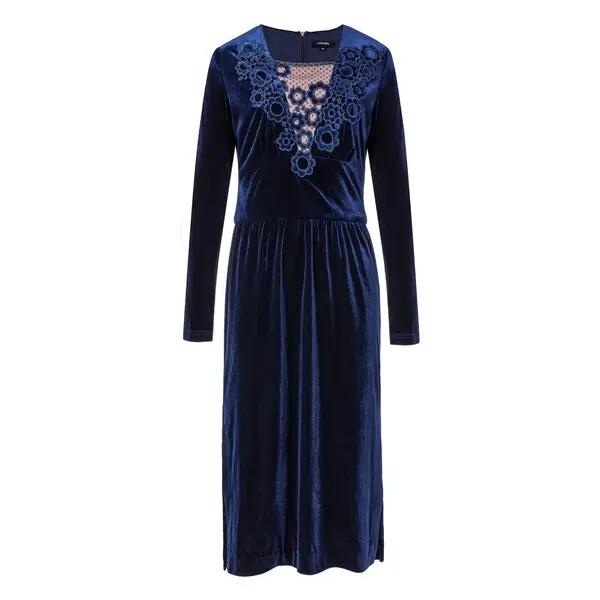 SMART AND JOY V-neck With Lacework Velvet Dress - Blue