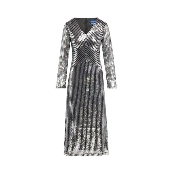TANTRA SPAIN SL Sequined Midi A Line Dress With Long Sleeves - Silver