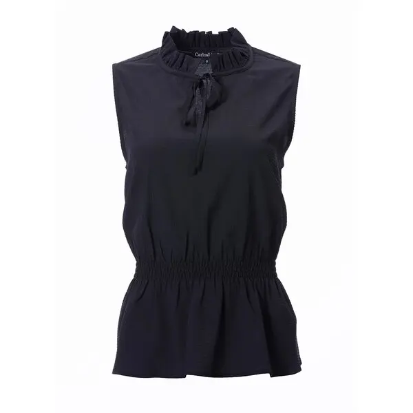 CARLOSLINES Front Neck Tie Smocked Waist Sleeveless Top In Solid - Black